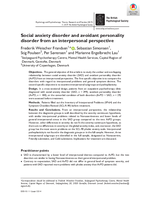 (PDF) Social anxiety disorder and avoidant personality disorder from an interpersonal perspective