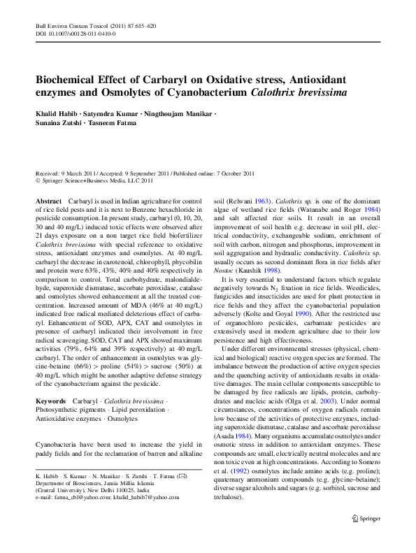 (PDF) Biochemical Effect of Carbaryl on Oxidative stress, Antioxidant ...