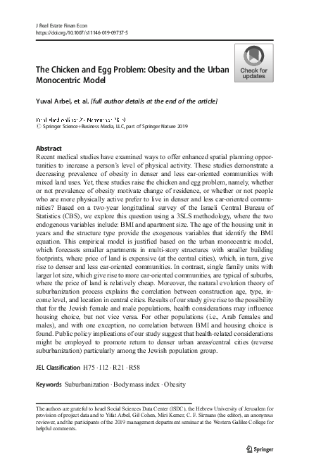 (PDF) The Chicken and Egg Problem: Obesity and the Urban Monocentric Model | amichai kerner ...