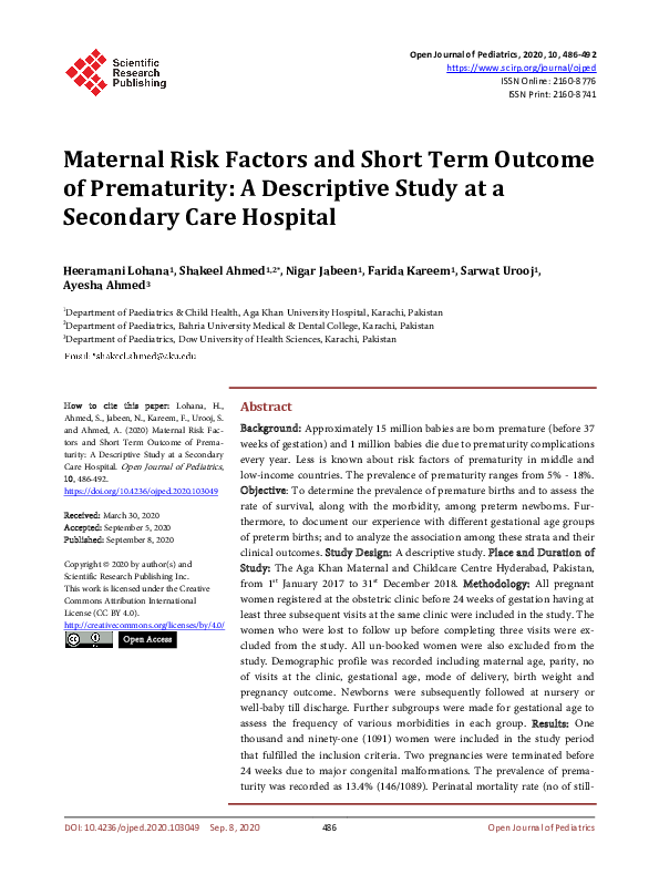 (PDF) Maternal Risk Factors and Short Term Outcome of Prematurity: A ...