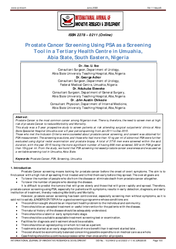 (PDF) Prostate Cancer Screening Using PSA as a Screening Tool in a ...