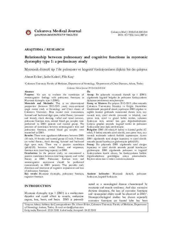 (PDF) Myotonik distrofi tip 1'de pulmoner ve kognitif fonksiyonların ...