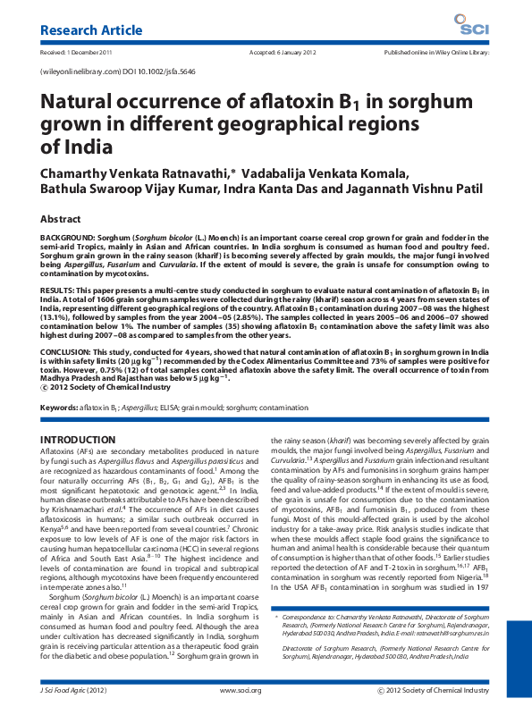 (PDF) Natural occurrence of aflatoxin B1 in sorghum grown in different geographical regions of India