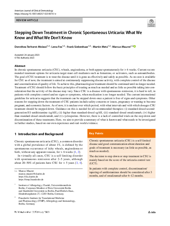 (PDF) Stepping Down Treatment in Chronic Spontaneous Urticaria: What We ...