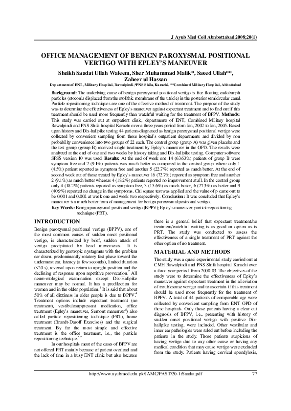 (PDF) Office management of benign paroxysmal positional vertigo with ...