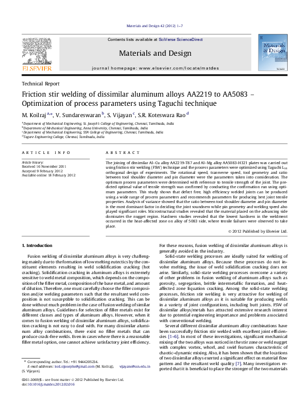 (PDF) Friction stir welding of dissimilar aluminum alloys AA2219 to AA5083 – Optimization of ...