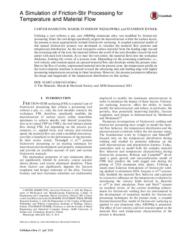 (PDF) A Simulation of Friction-Stir Processing for Temperature and ...