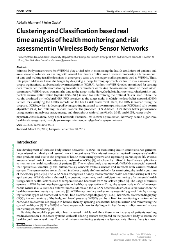 (PDF) Clustering and Classification based real time analysis of health monitoring and risk ...