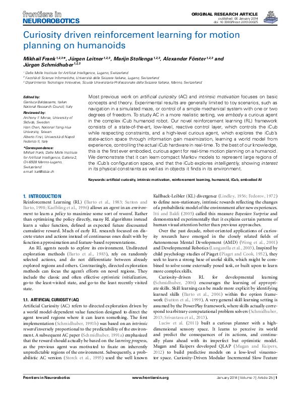 (PDF) Curiosity driven reinforcement learning for motion planning on humanoids