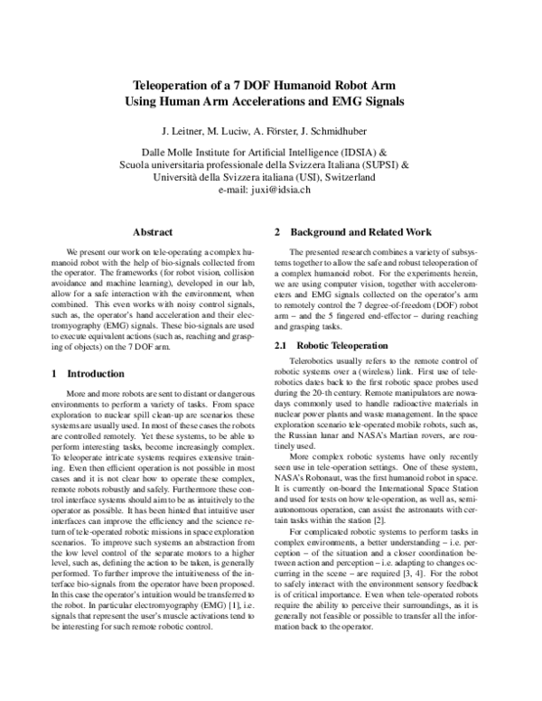 Pdf Teleoperation Of A 7 Dof Humanoid Robot Arm Using Human Arm Accelerations And Emg Signals 