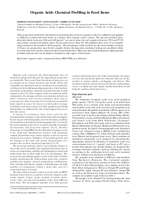 (PDF) Organic Acids Chemical Profiling in Food Items