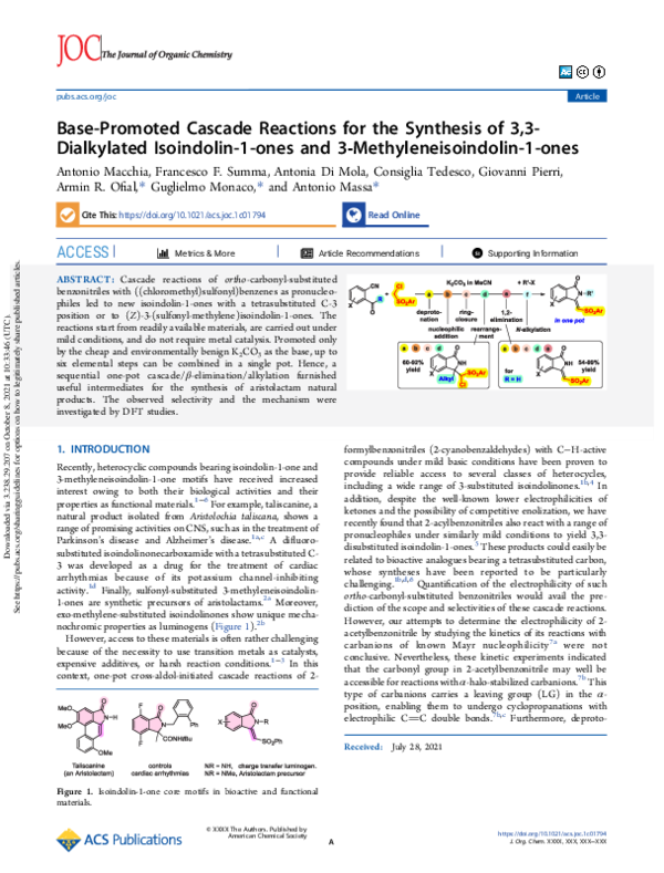 (PDF) Base-Promoted Cascade Reactions for the Synthesis of 3,3-Dialkylated Isoindolin-1-ones and ...