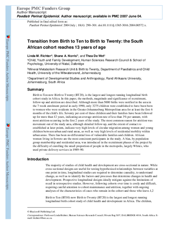 (PDF) Transition from Birth to Ten to Birth to Twenty: the South ...