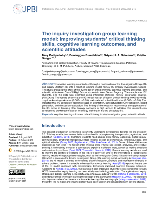 (PDF) The inquiry investigation group learning model: Improving students’ critical thinking ...