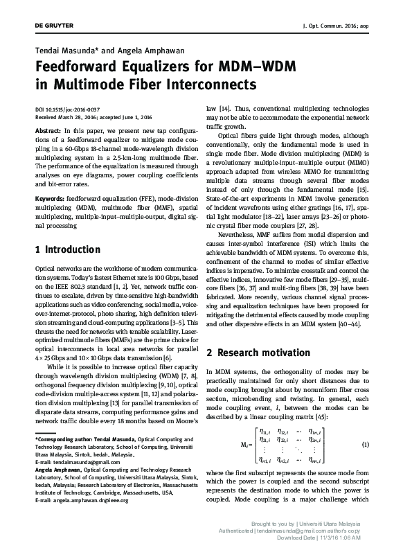 (PDF) Feedforward Equalizers for MDM–WDM in Multimode Fiber Interconnects