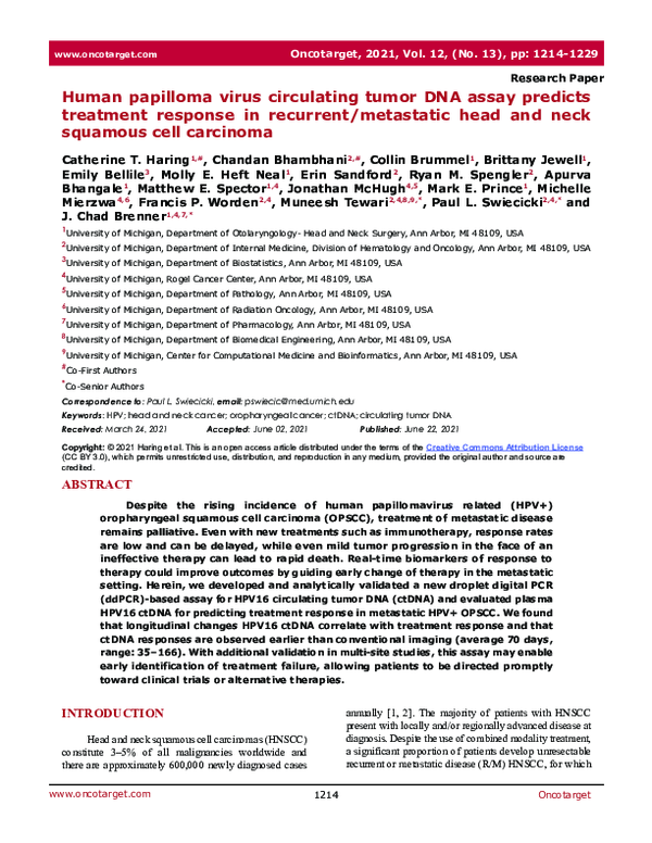 (PDF) Human papilloma virus circulating tumor DNA assay predicts treatment response in recurrent ...