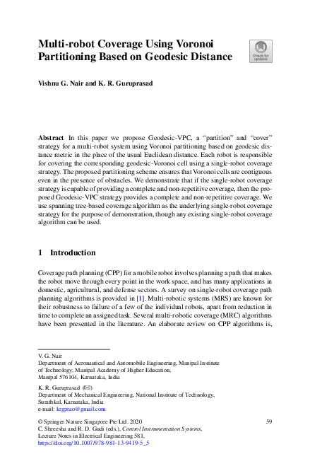 Pdf Multi Robot Coverage Using Voronoi Partitioning Based On Geodesic
