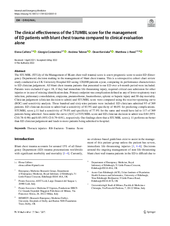 (PDF) The clinical effectiveness of the STUMBL score for the management of ED patients with ...