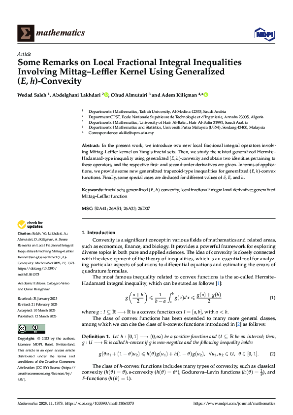 (PDF) Some Remarks on Local Fractional Integral Inequalities Involving Mittag–Leffler Kernel ...