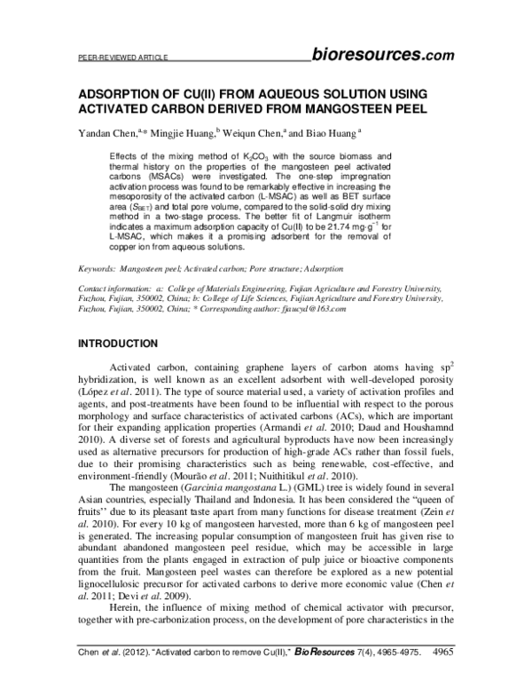 (PDF) Adsorption of Cu(II) from Aqueous Solution Using Activated Carbon Derived from Mangosteen Peel