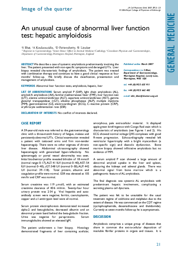 (PDF) An unusual cause of abnormal liver function test: hepatic amyloidosis