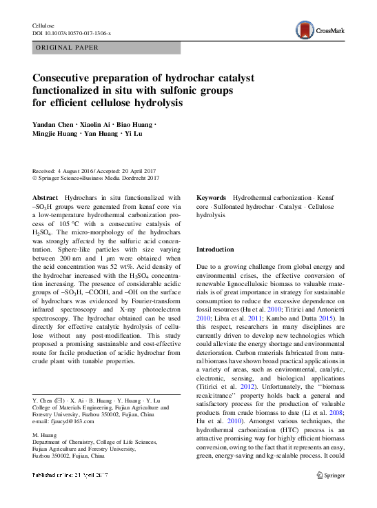 (PDF) Consecutive preparation of hydrochar catalyst functionalized in ...