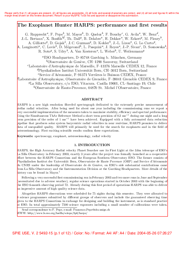 (PDF) The exoplanet hunter HARPS: performance and first results