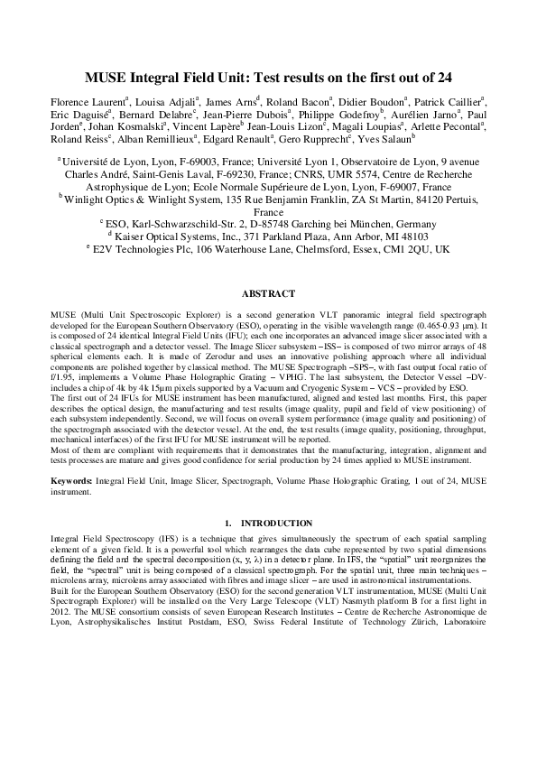(PDF) MUSE integral field unit: test results on the first out of 24