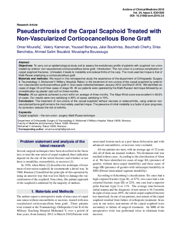(PDF) Pseudarthrosis of the Carpal Scaphoid Treated with Non ...