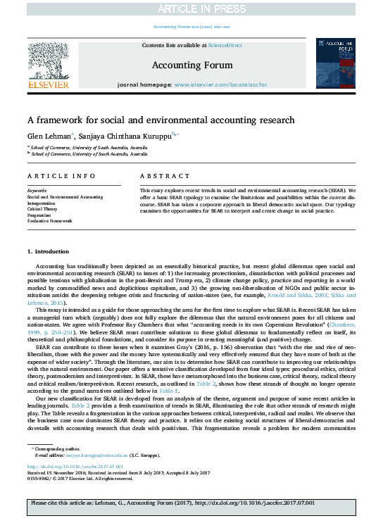 (PDF) A framework for social and environmental accounting research