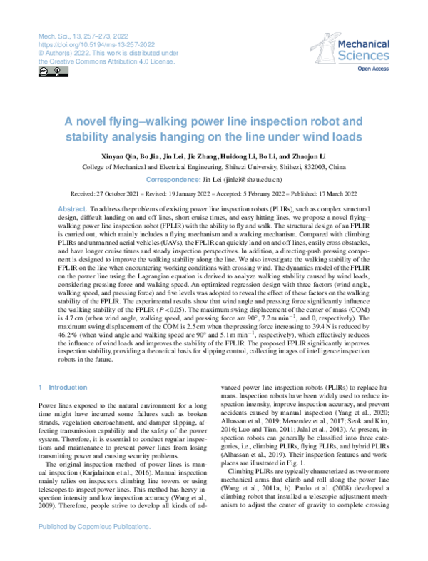 (PDF) A novel flying–walking power line inspection robot and stability analysis hanging on the ...