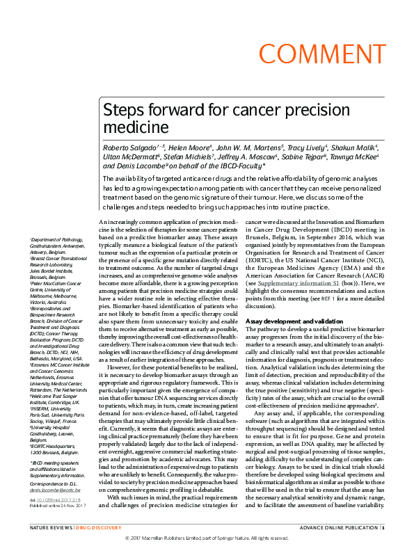 (PDF) Steps forward for cancer precision medicine