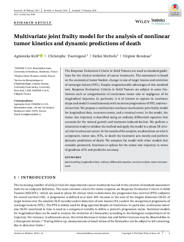 (PDF) Multivariate joint frailty model for the analysis of nonlinear tumor kinetics and dynamic ...