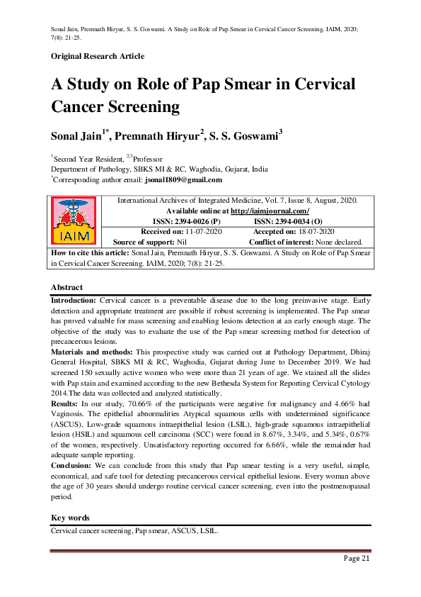(PDF) A Study on Role of Pap Smear in Cervical Cancer Screening