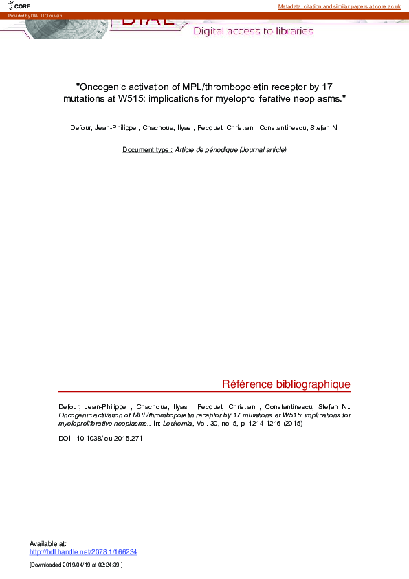 (PDF) Oncogenic activation of MPL/thrombopoietin receptor by 17 ...