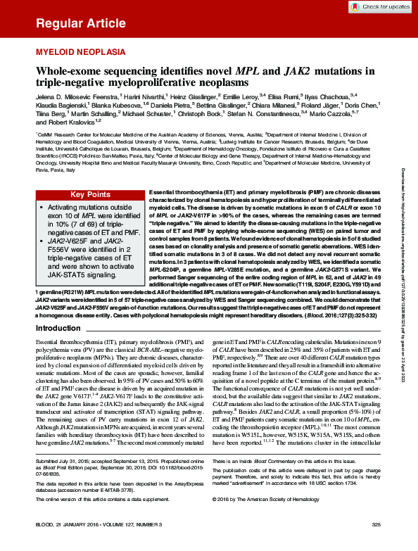 Pdf Whole Exome Sequencing Identifies Novel Mpl And Jak2 Mutations In