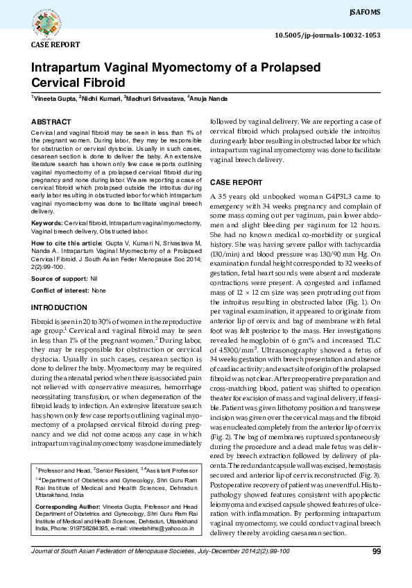 (PDF) Intrapartum Vaginal Myomectomy of a Prolapsed Cervical Fibroid ...