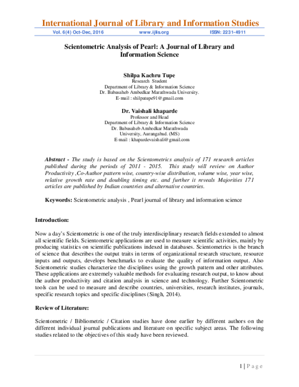 (PDF) Scientometric Analysis of Pearl: A Journal of Library and ...