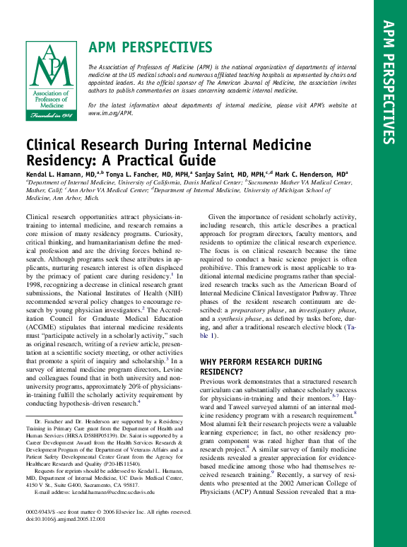 (PDF) Clinical Research During Internal Medicine Residency: A Practical ...