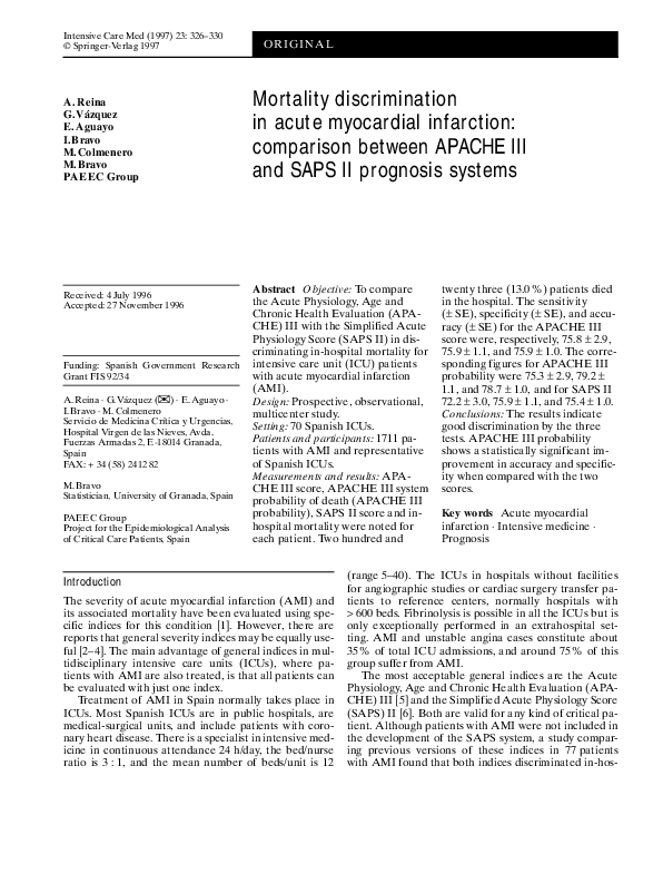 (PDF) Mortality discrimination in acute myocardial infarction: comparison between APACHE III and ...