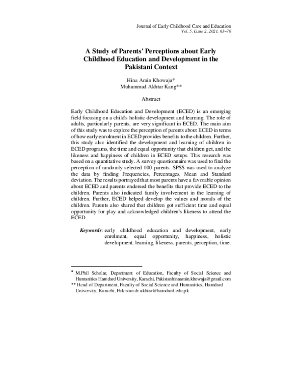 (PDF) A Study of Parents' Perceptions about Early Childhood Education ...