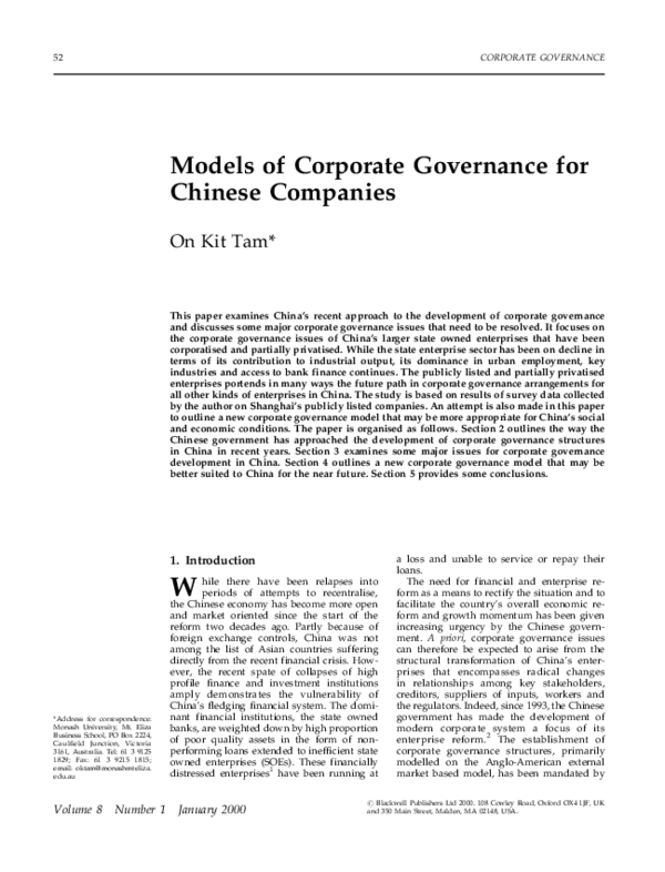 (PDF) Models of Corporate Governance for Chinese Companies