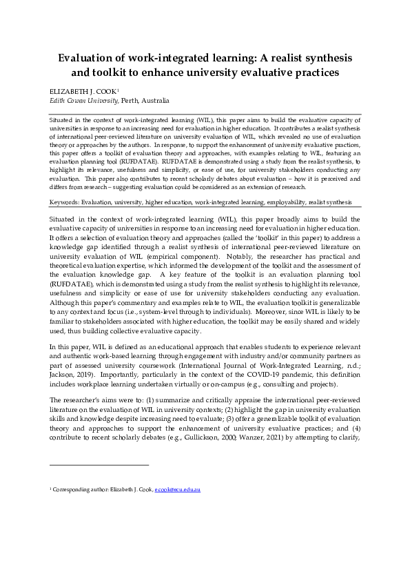 (PDF) Evaluation of work-integrated learning:A realist synthesis and toolkit to enhance ...
