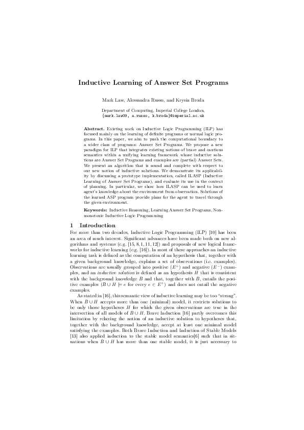 (PDF) Inductive Learning of Answer Set Programs