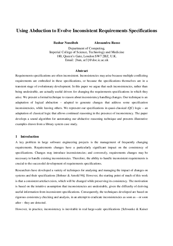 (PDF) Using Abduction to Evolve Inconsistent Requirements Specification