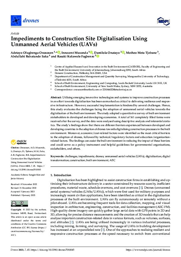 Pdf Impediments To Construction Site Digitalisation Using Unmanned Aerial Vehicles Uavs