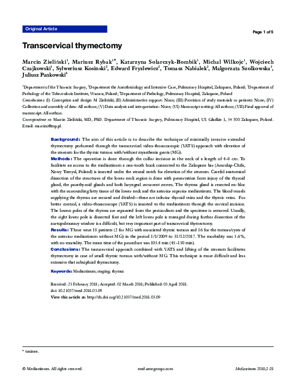 (PDF) Transcervical thymectomy