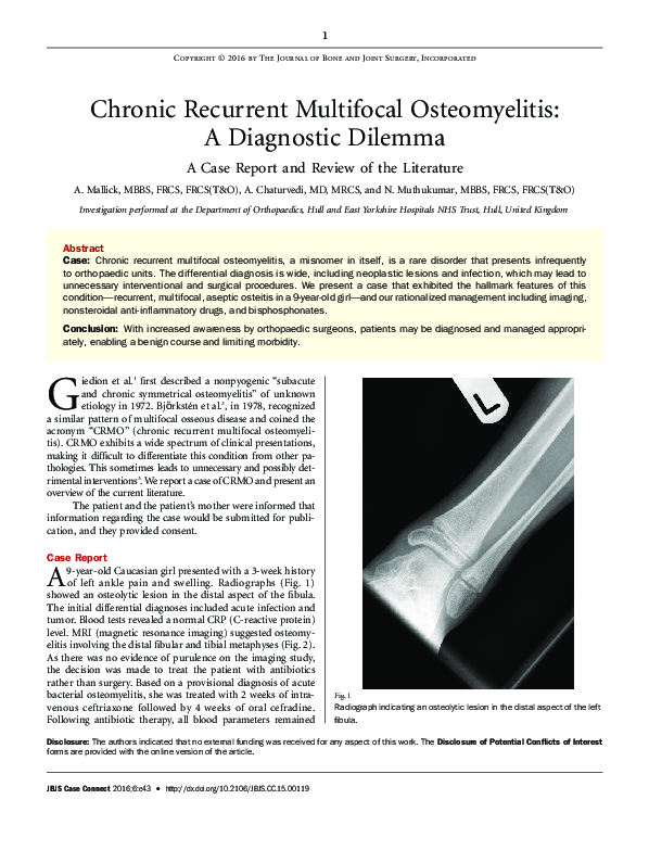 (PDF) Chronic recurrent multifocal osteomyelitis: diagnosis and treatment