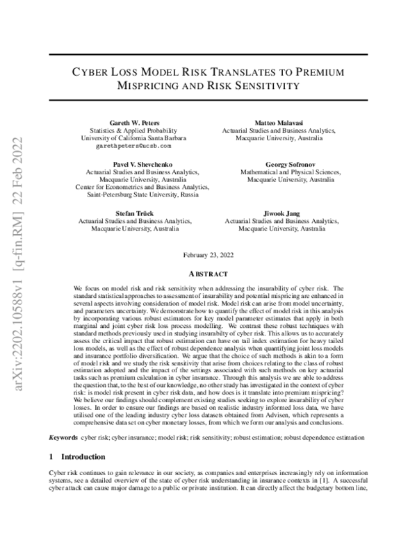 (PDF) Cyber Loss Model Risk Translates to Premium Mispricing and Risk ...