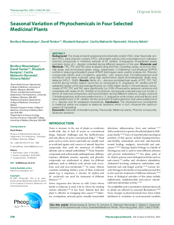 Seasonal Variation of Phytochemicals in Four Selected Medicinal Plants